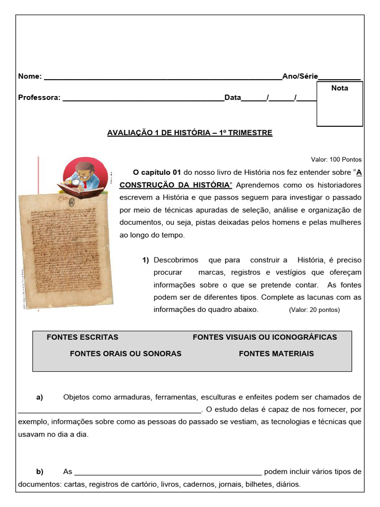 Avaliação De Historia 1 Adaptada Postar Pdf Tempo Ano