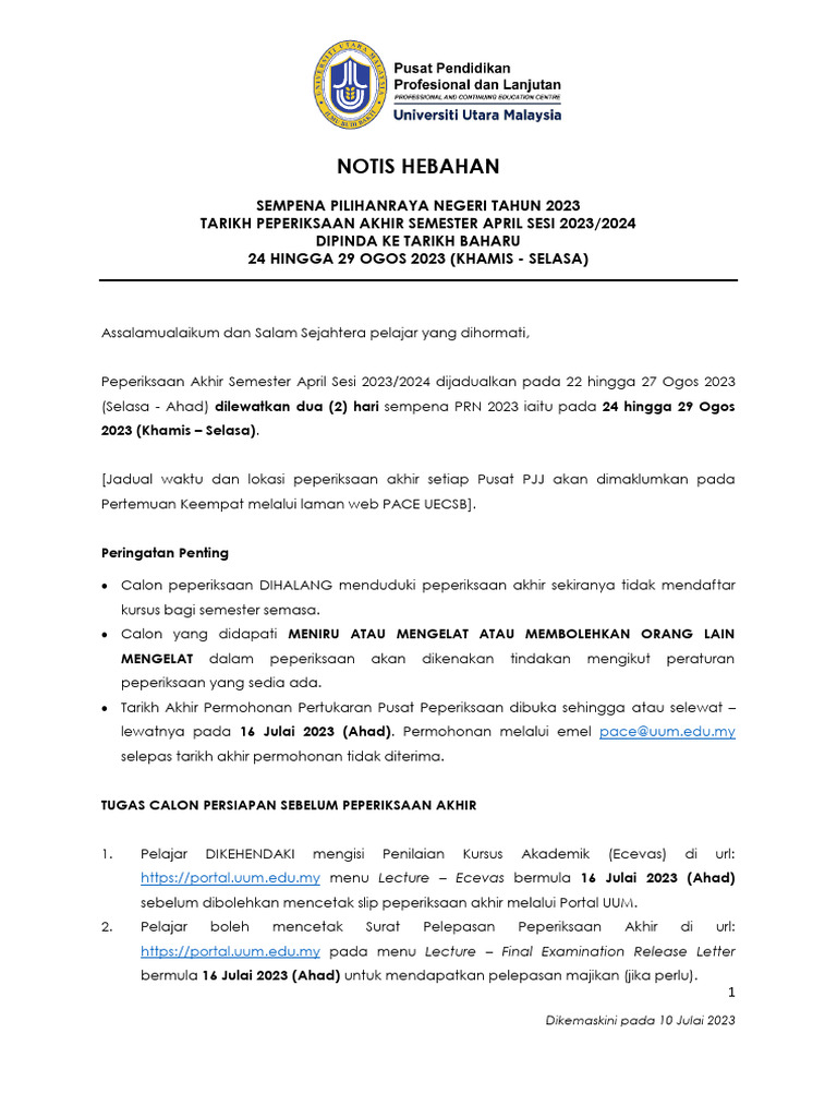 Notis Hebahan Tarikh Peperiksaan Baharu Semester April Sesi 2023.2024 ...
