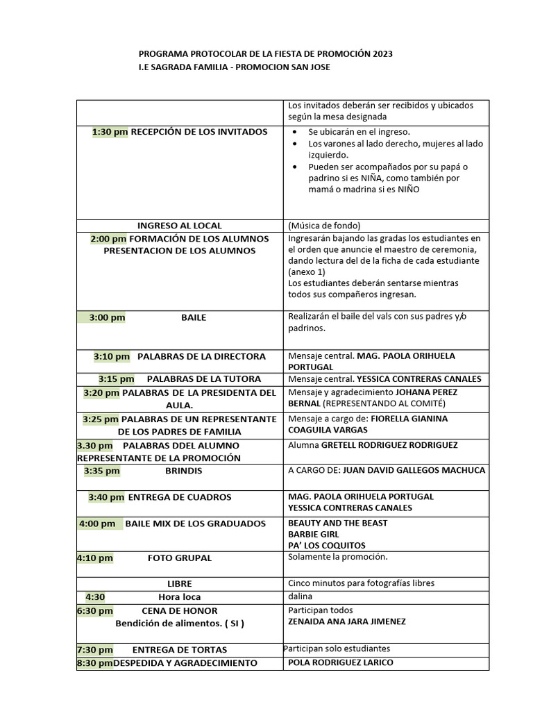 Programa Protocolar de La Fiesta de Promoción San Jose | PDF Programa Protocolar de La Fiesta de Promoción San Jose | PDF