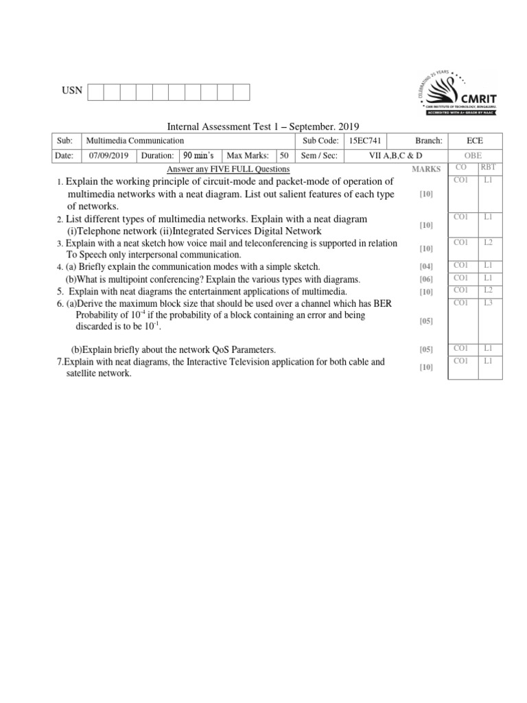 IAT-I Question Paper With Solution of 15EC741 Multimedia Communication ...