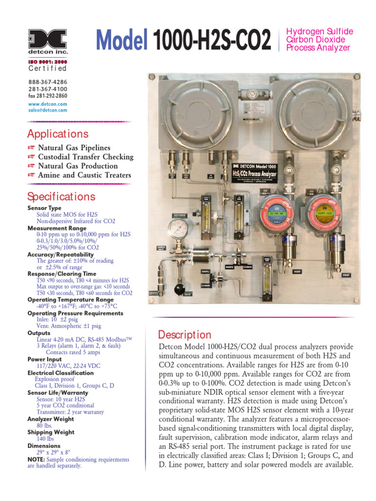 1000 H2S CO2 Data Sheet | PDF | Carbon Dioxide | Physical Chemistry