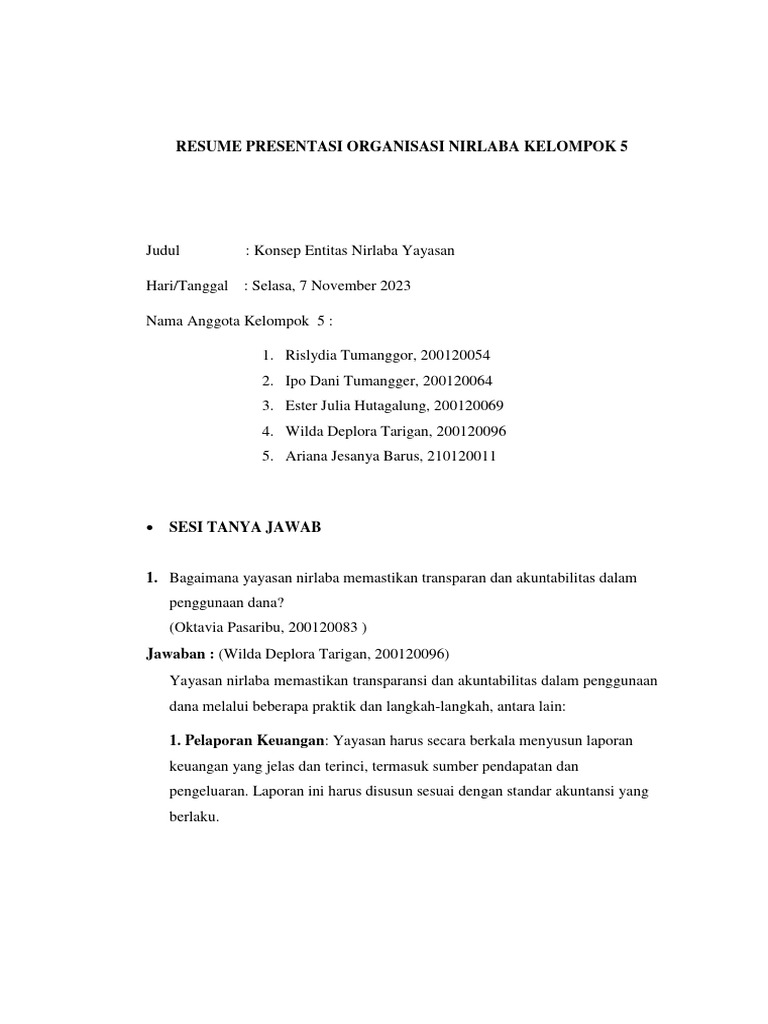 Resume Presentasi Organisasi Nirlaba Kelompok 5 | PDF