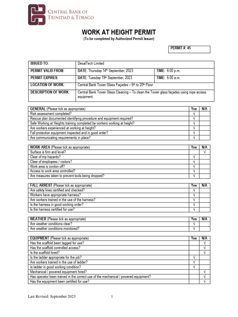 Work At Height Permit - Tower Glass Facade Cleaning - CBTT.docx | PDF ...