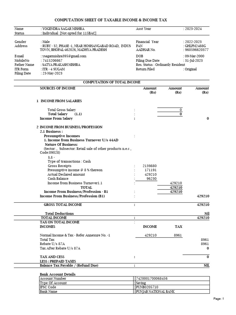 Yogendra Sagar Mishra - (2511) - (2023-2024) | PDF | Tax Refund | Government