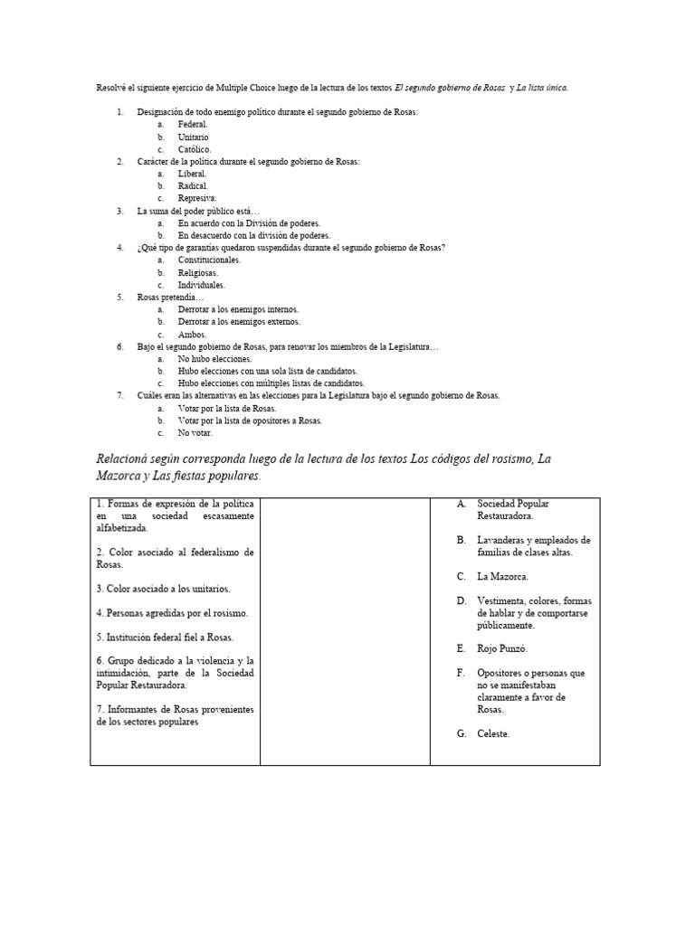 Actividades para Analizar El 2do Gob. de Rosas - Multiple Choice y ...