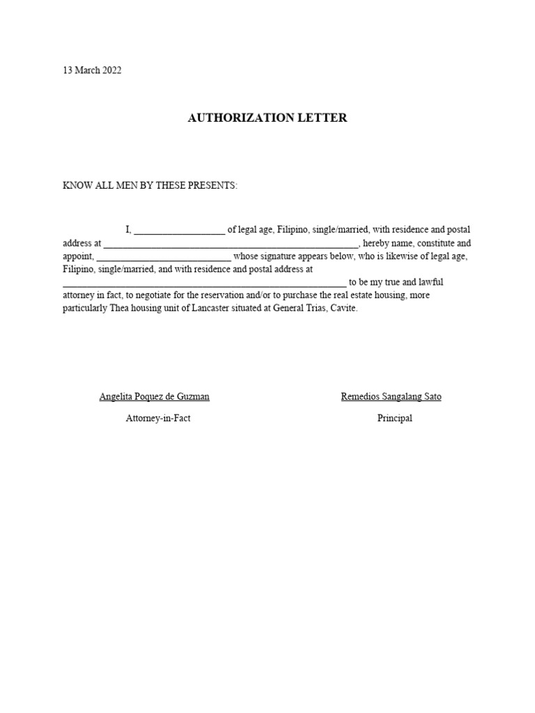 Authorization Letter for Real Estate Purchase | PDF