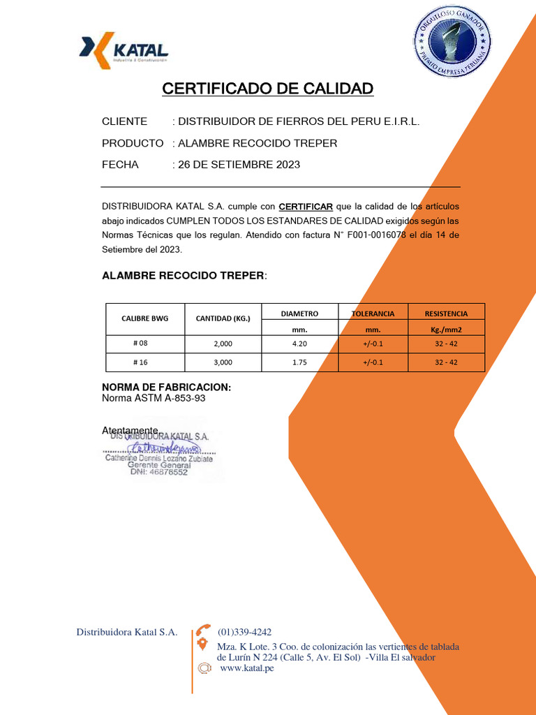 Certificado de calidad alambre recocido Dist. de Fierros del Peru F ...