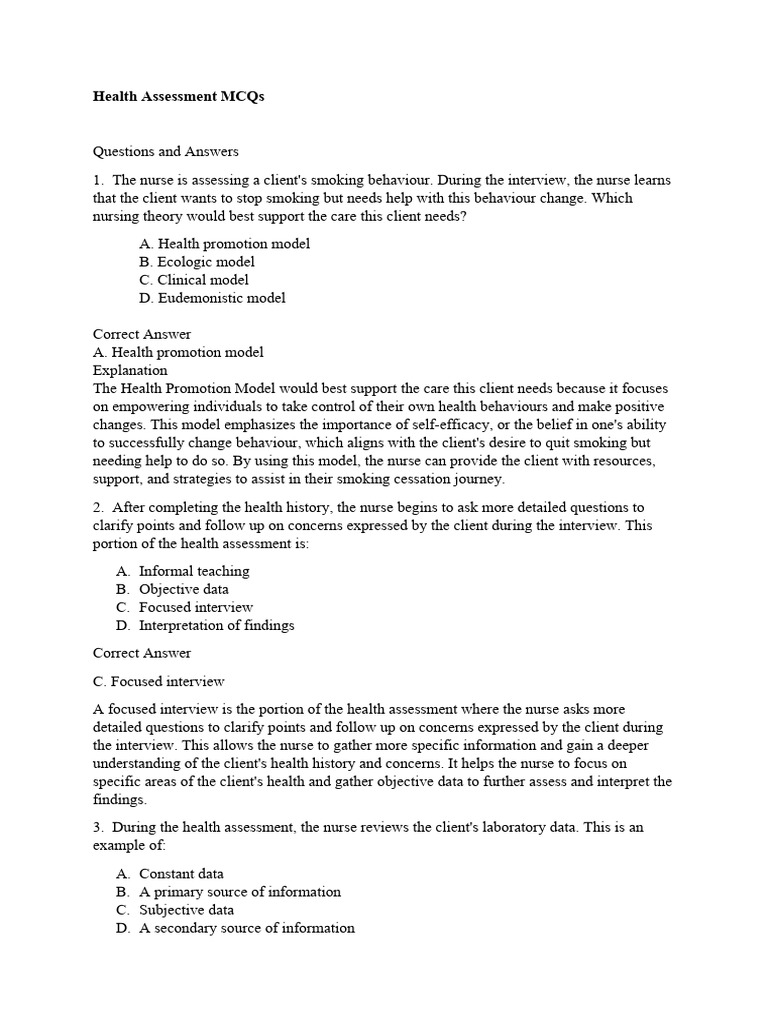 Health Assessment MCQs and Answers | PDF | Nursing | Medical Diagnosis