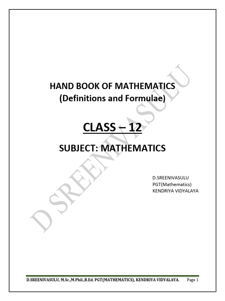 Class 12 Formulae | PDF | Matrix (Mathematics) | Determinant