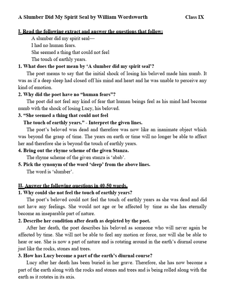 A Slumber Did My Spirit Seal by William Wordsworth Notes | PDF A Slumber Did My Spirit Seal by William Wordsworth Notes | PDF