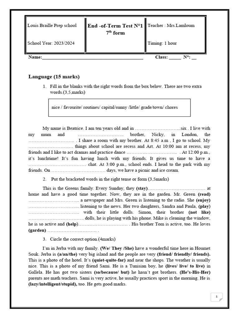 End-Of-Term Test N°1 Term 1 | PDF