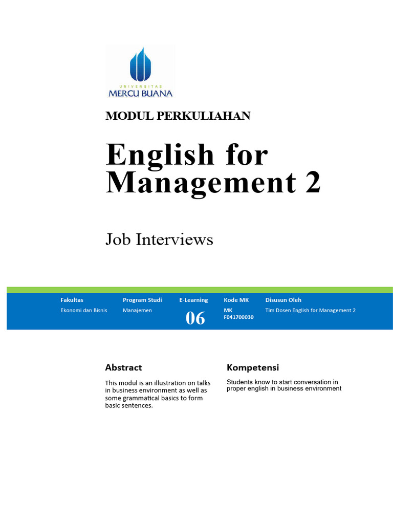 Modul 6 English For Management 2 | PDF | Body Language | Job Interview
