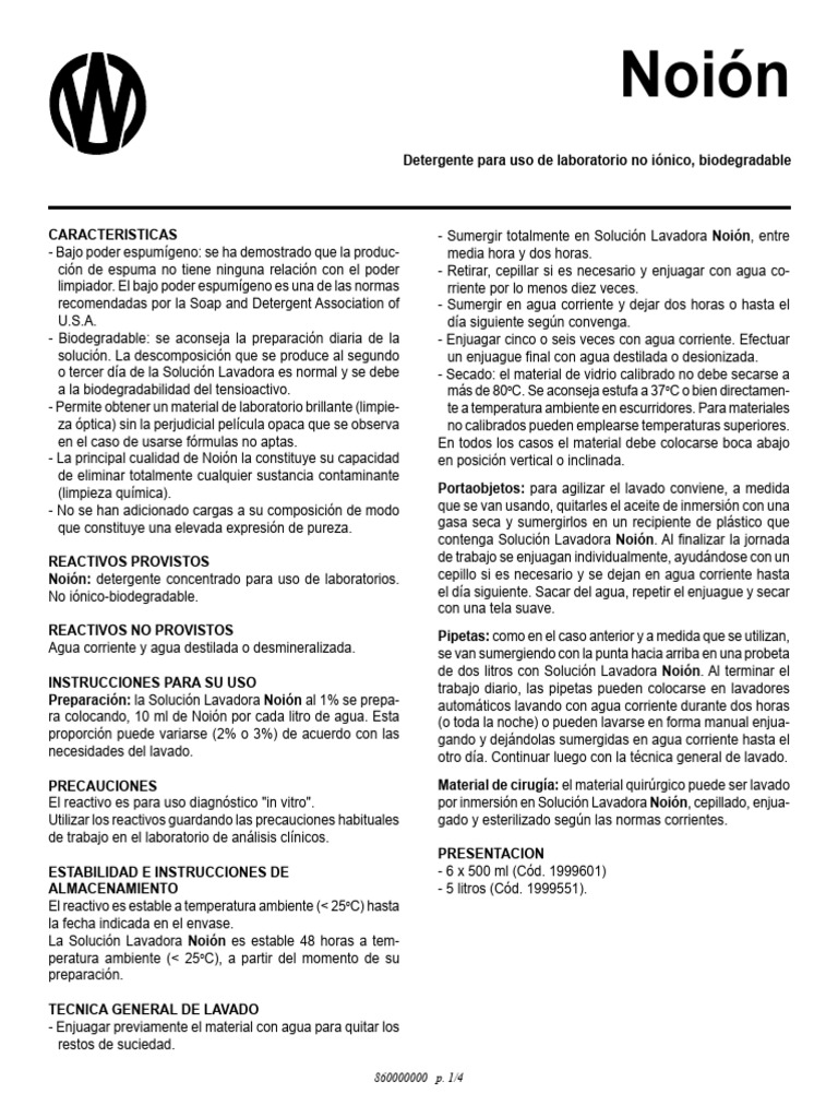 Detergente Noión para Laboratorios | PDF | Agua | Laboratorios