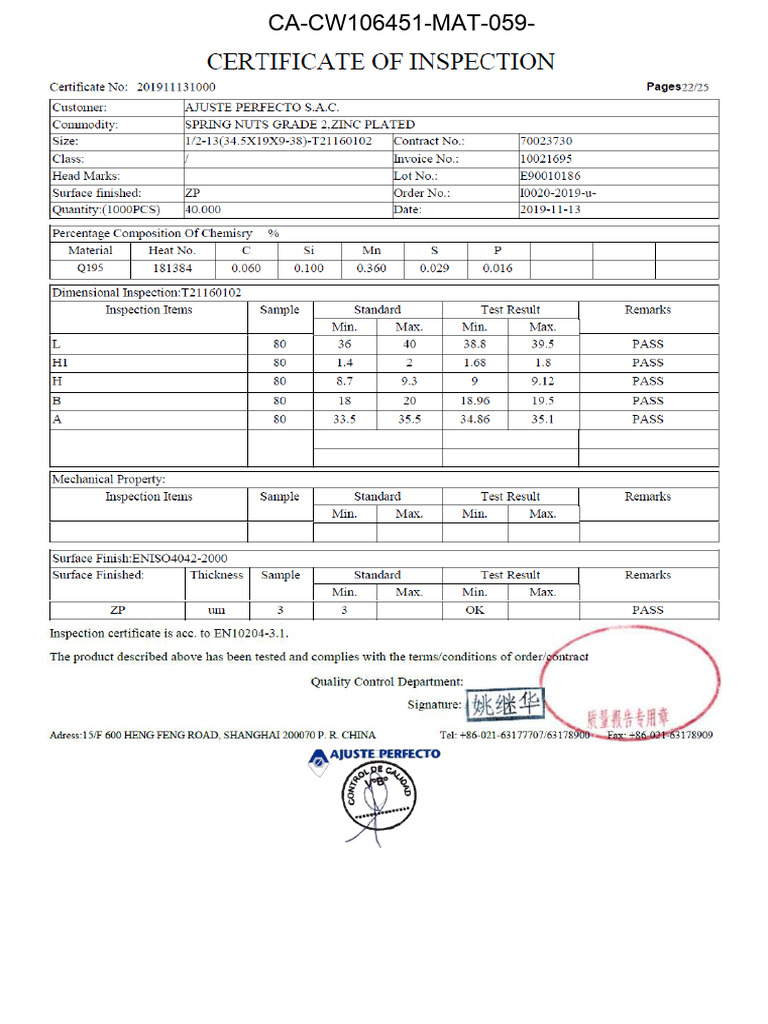 Ca-Cw106451-Mat-059 Certificado de Calidad Tuerca Resorte | PDF