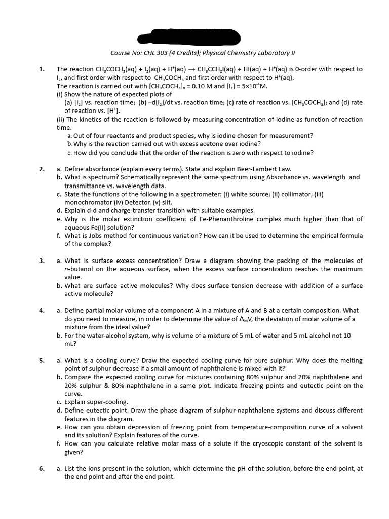 Physical Chemistry Class Test Questions | PDF | Reaction Rate ...