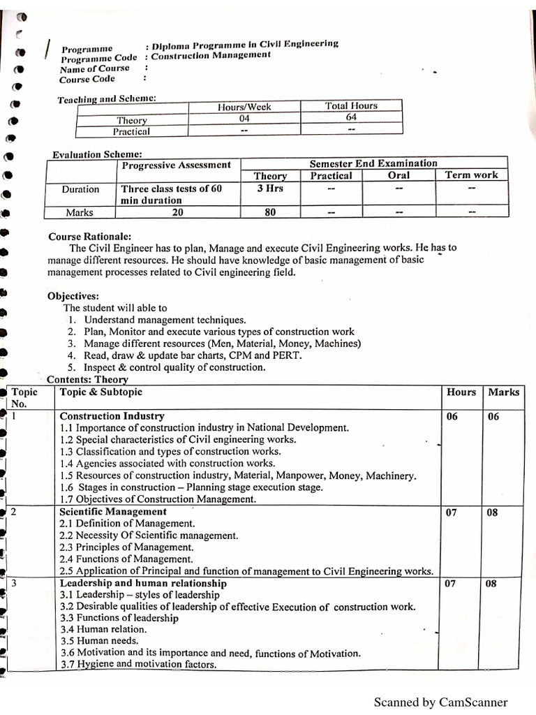 Construction Management Syllabus | PDF