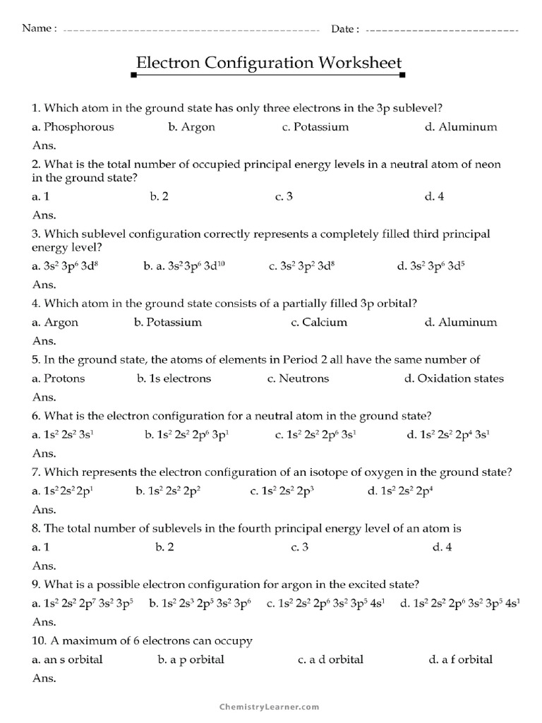Electronic Configuration Worksheet Pdf