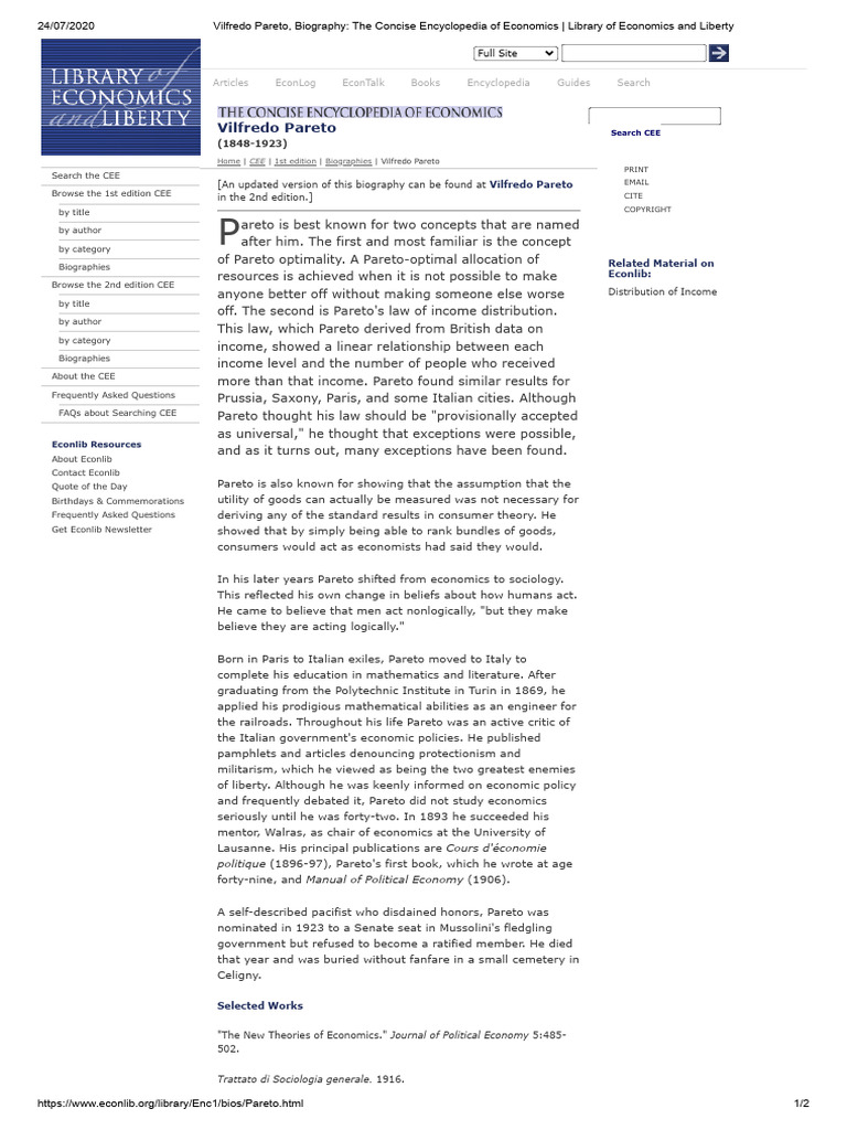 Vilfredo Pareto, Biography - The Concise Encyclopedia of Economics ...