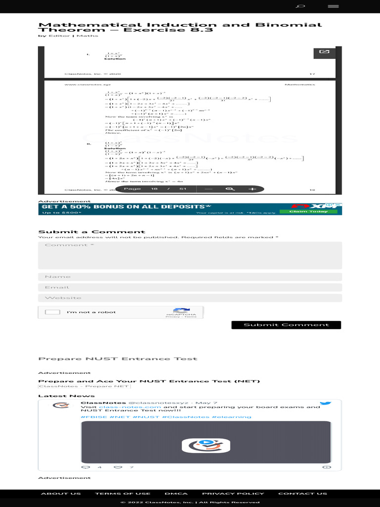 Mathematical Induction And Binomial Theorem Exercise 8 3 Classnotes