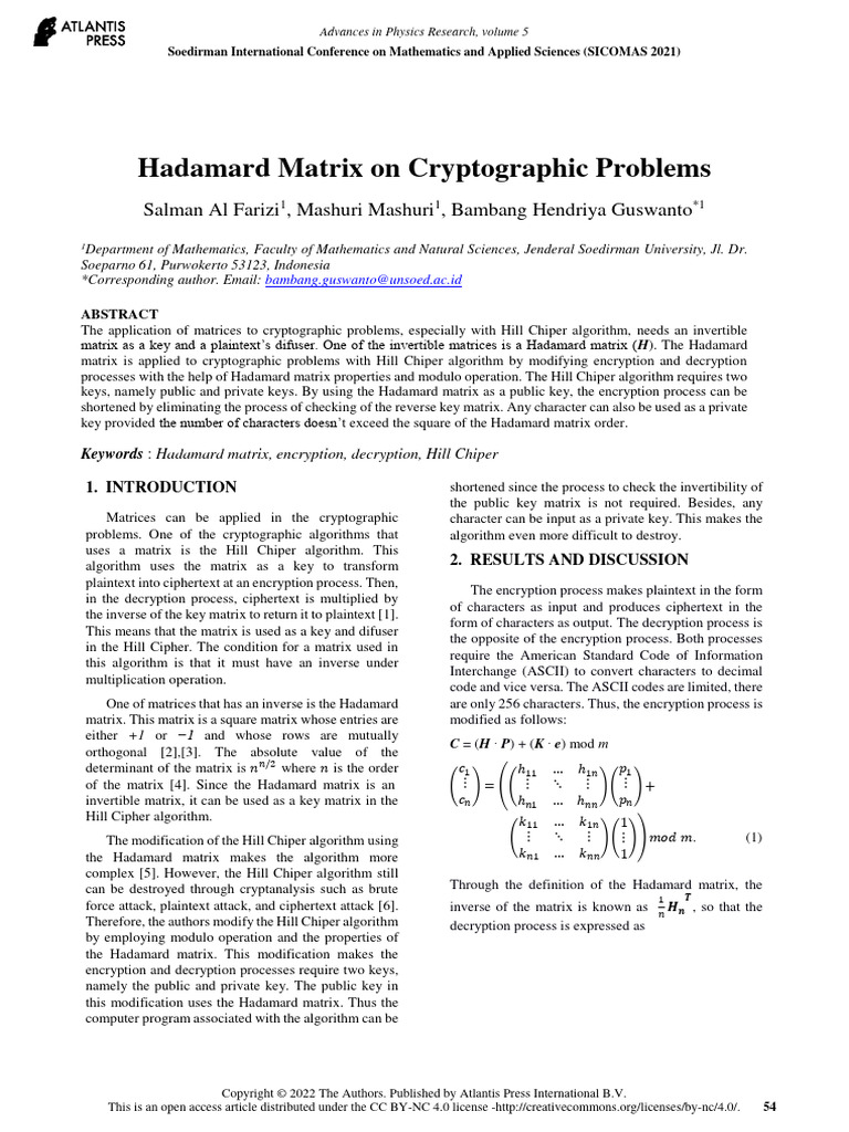 Hadamard Matrix On Cryptographic Problems: Salman Al Farizi, Mashuri Mashuri, Bambang Hendriya ...