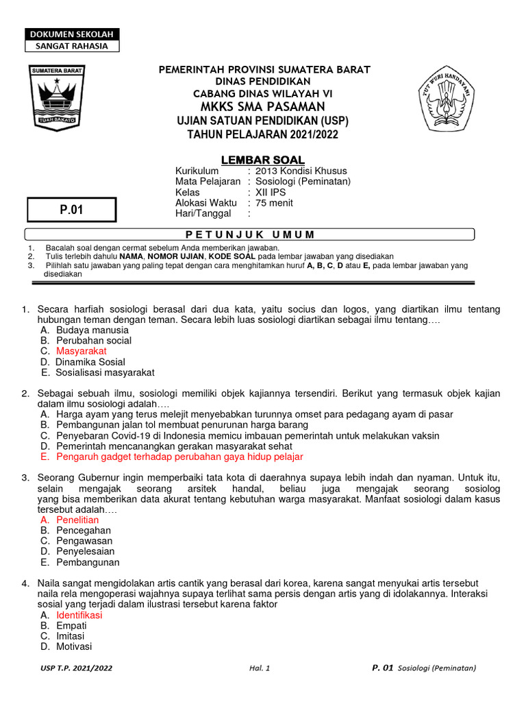 Soal USP Sosiologi P.01 2022I | PDF | Ilmu Sosial | Kesehatan Holistik