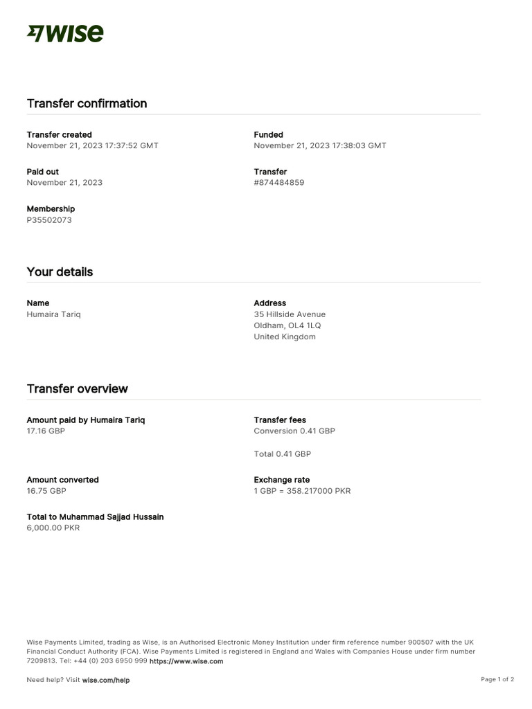 Transfer Confirmation for Humaira Tariq | PDF | Banks | Wire Transfer