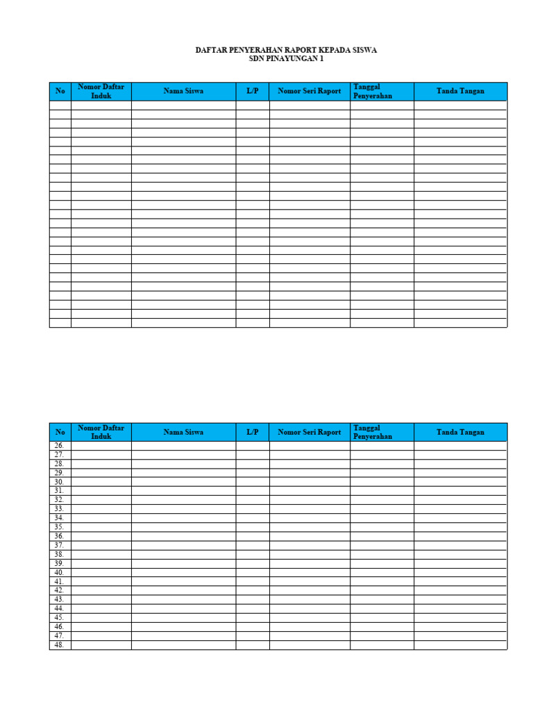 Daftar Penyerahan Raport Kepada Siswa | PDF