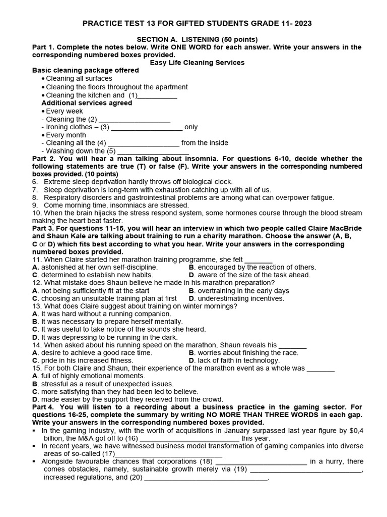 Practice Test 13 For Gifted Students Grade 11 | PDF | Fossil | Social Media