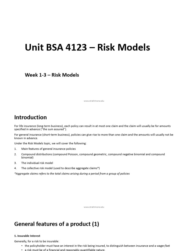 Week 1-3 - Risk Models | PDF | Insurance | Reinsurance Week 1-3 - Risk Models | PDF | Insurance | Reinsurance