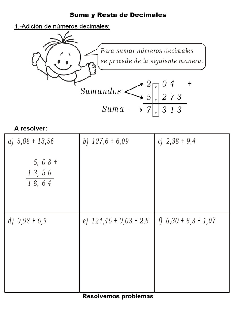 Ejercicios de Suma y Resta de Decimales | PDF | Métodos y materiales de ...