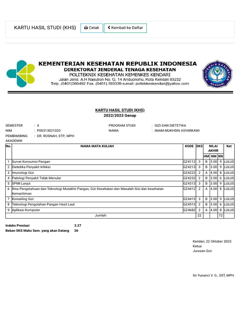 Kartu Hasil Studi (KHS) | PDF