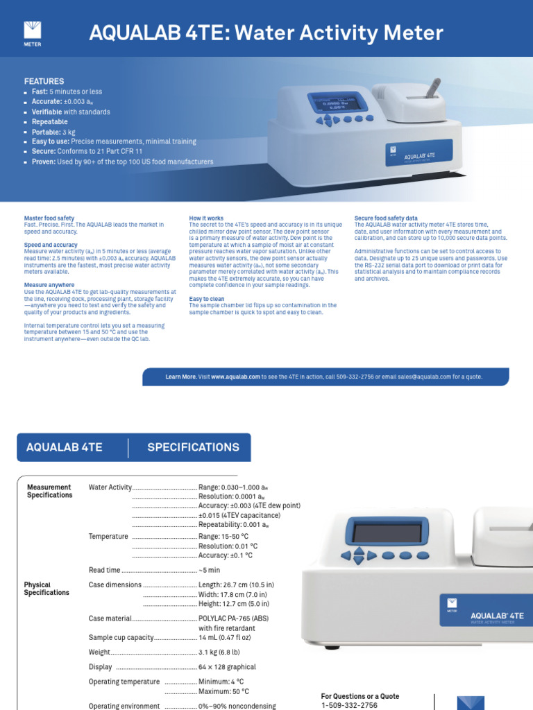 AQUALAB 4TE Spec Sheet | PDF | Accuracy And Precision | Metrology
