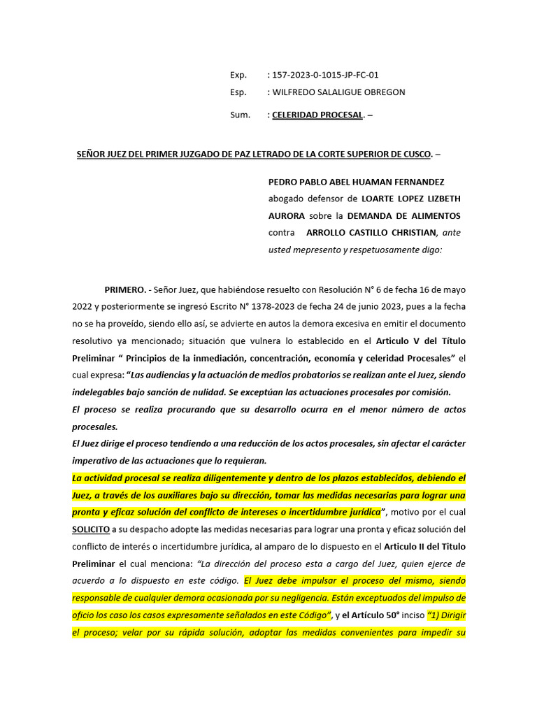 Escrito Celeridad Liquidacion | PDF | Ley procesal | Juez