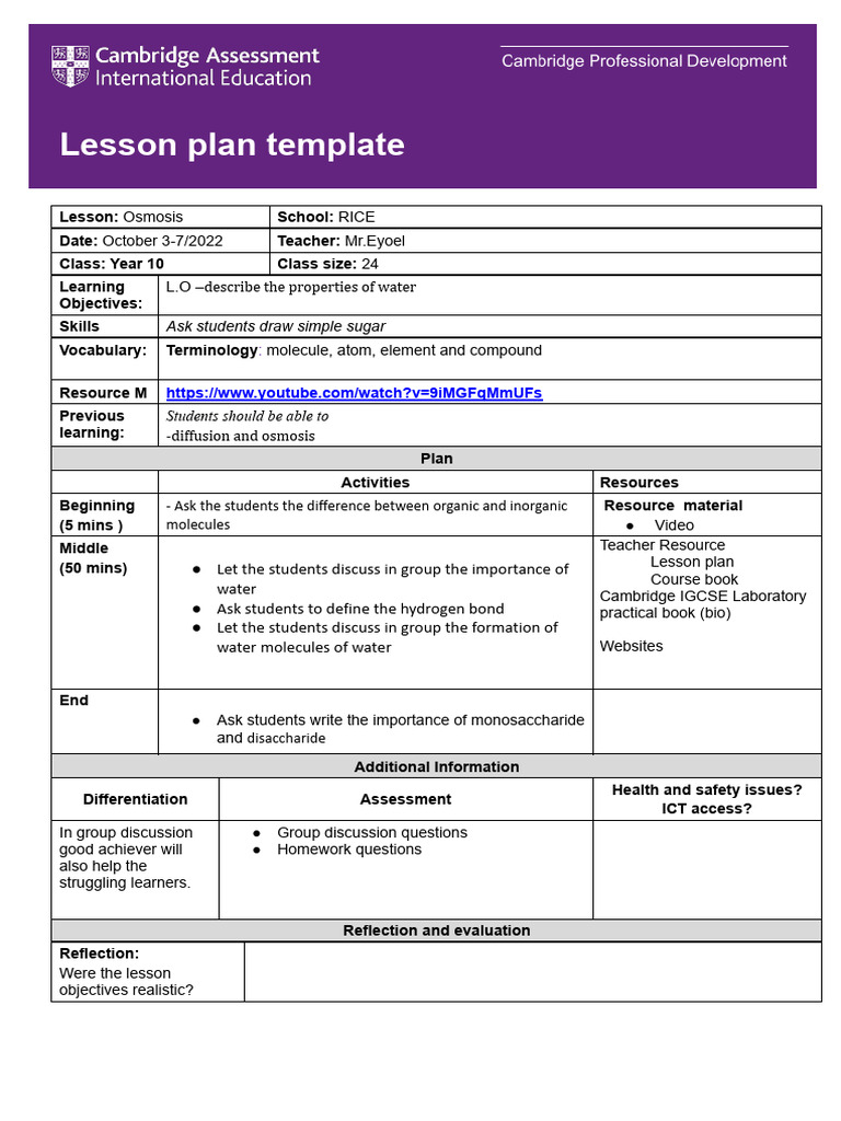 Osmosis Lesson Science Cbse Class 9 - Free Word Template