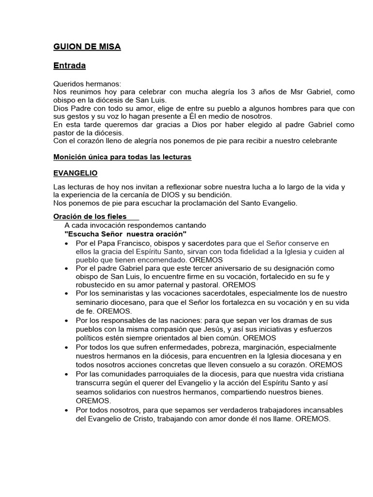 GUION MISA Aniversario MONSEÑOR | PDF | Misa (liturgia) | eucaristía