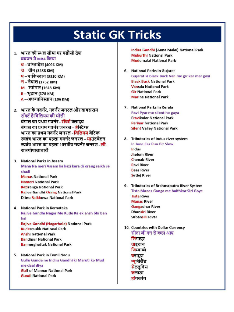 Important GK Tricks Compilation - PDF | PDF