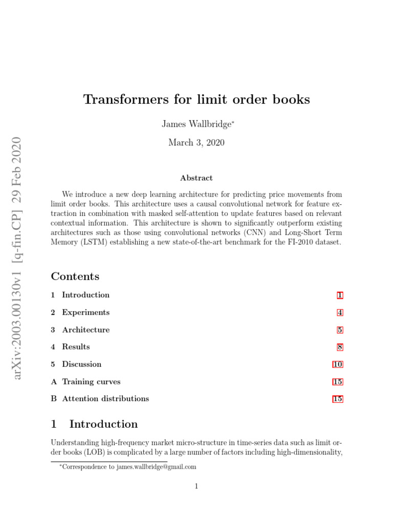 2003.00130 - James Wallbridge - Transformers For Limit Order Books | PDF | Algorithms | Applied ...