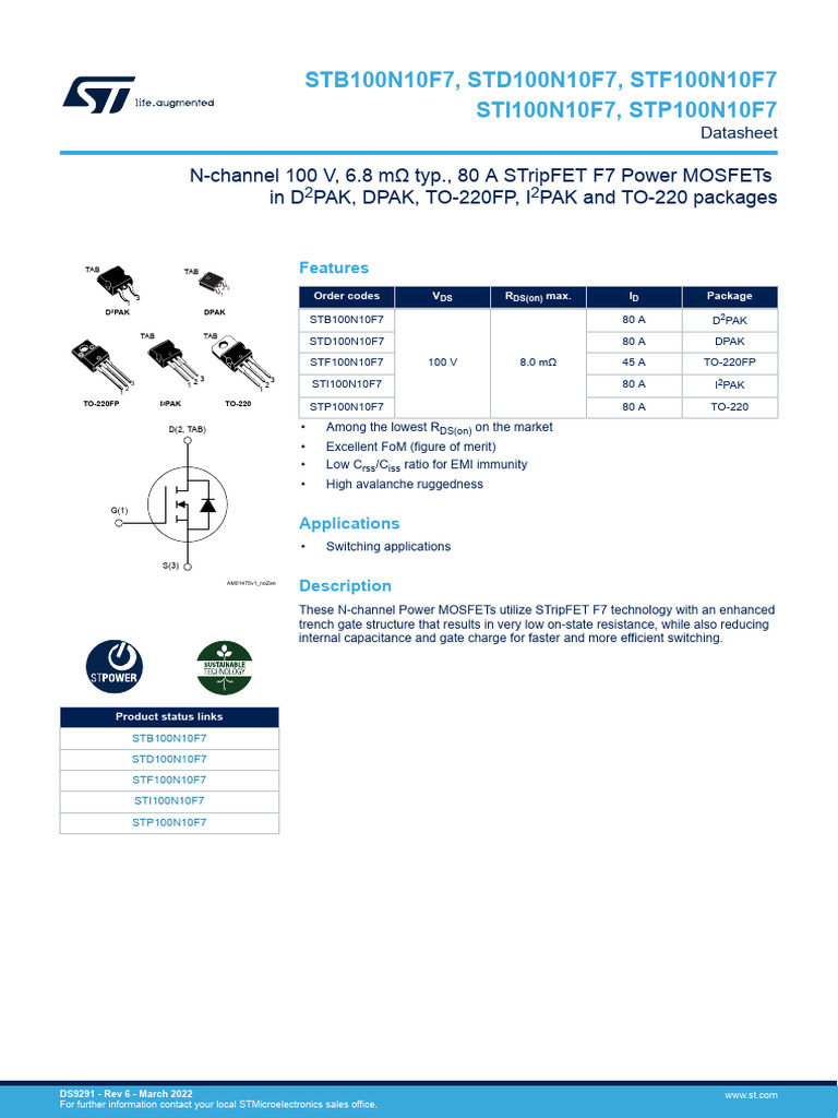 STB100N10F7, STD100N10F7, STF100N10F7 Sti100n10f7, STP100N10F7 | PDF | Electrical Engineering ...
