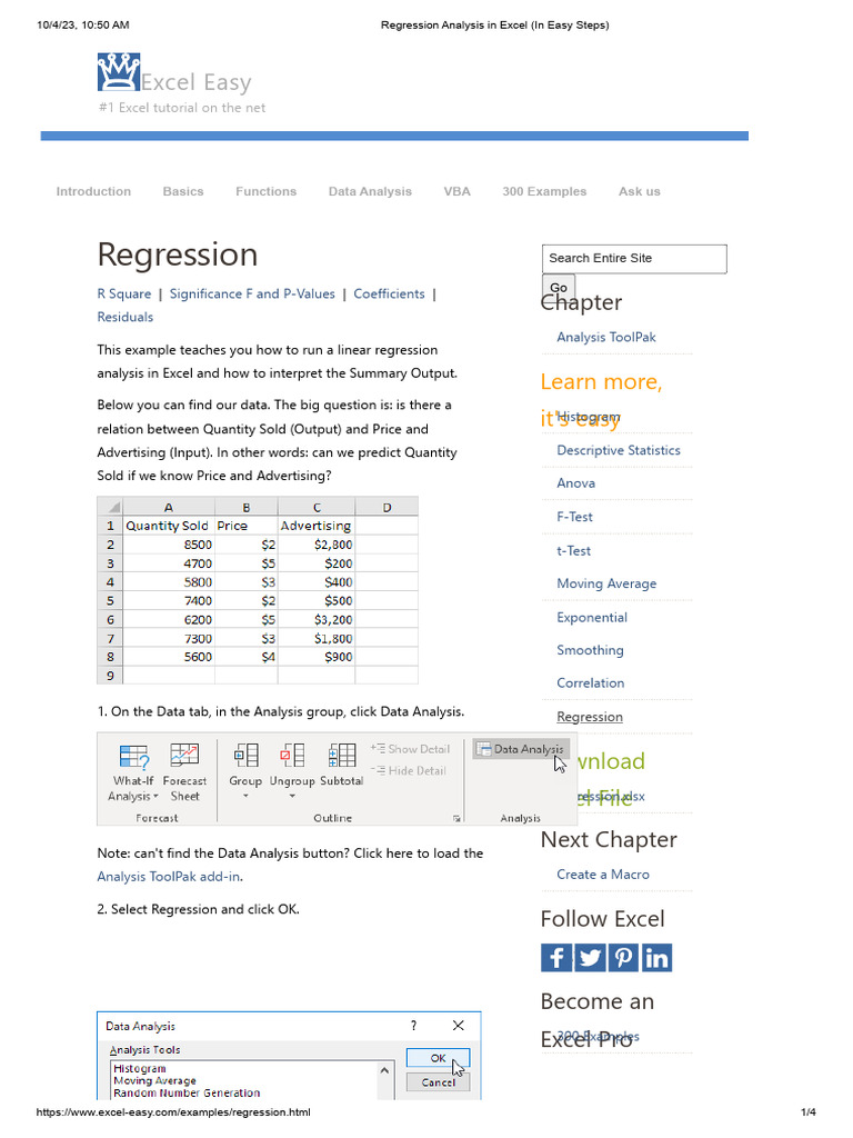 Regression Analysis in Excel (In Easy Steps) | PDF | Regression Analysis | Coefficient Of ...