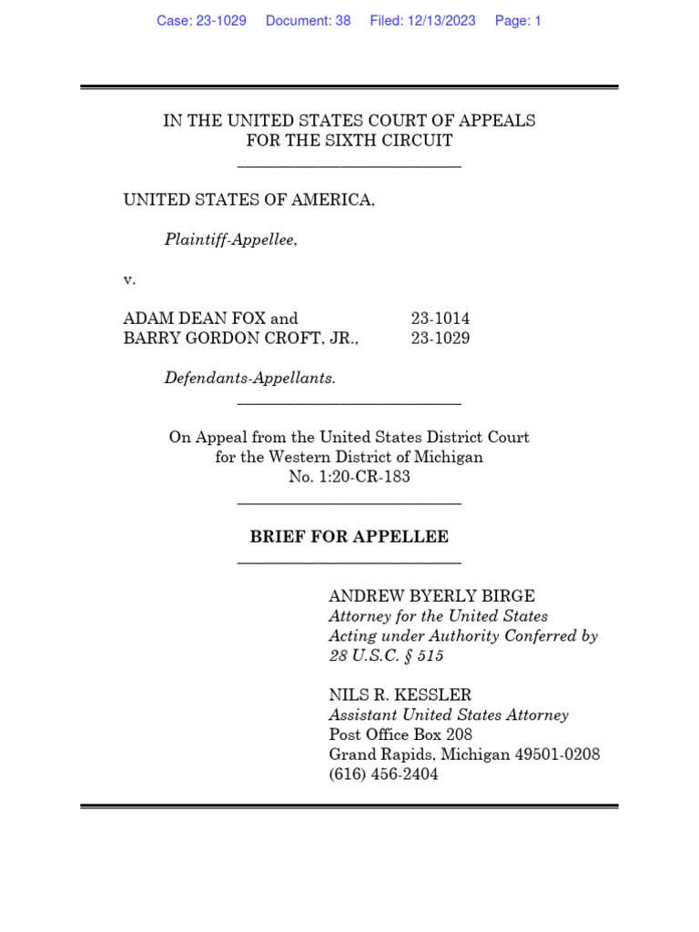 DOJ's Response To Barry Croft/Adam Fox Appeal | PDF | Witness | Appeal