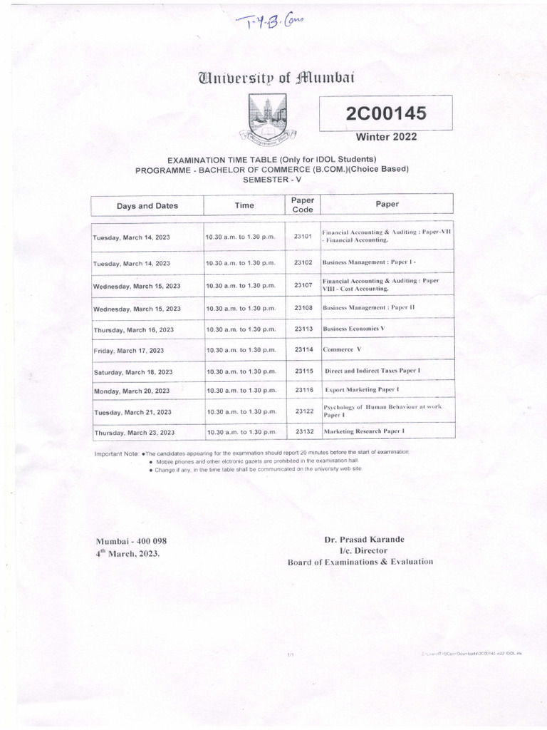 TY B.com Timetable | PDF | Business