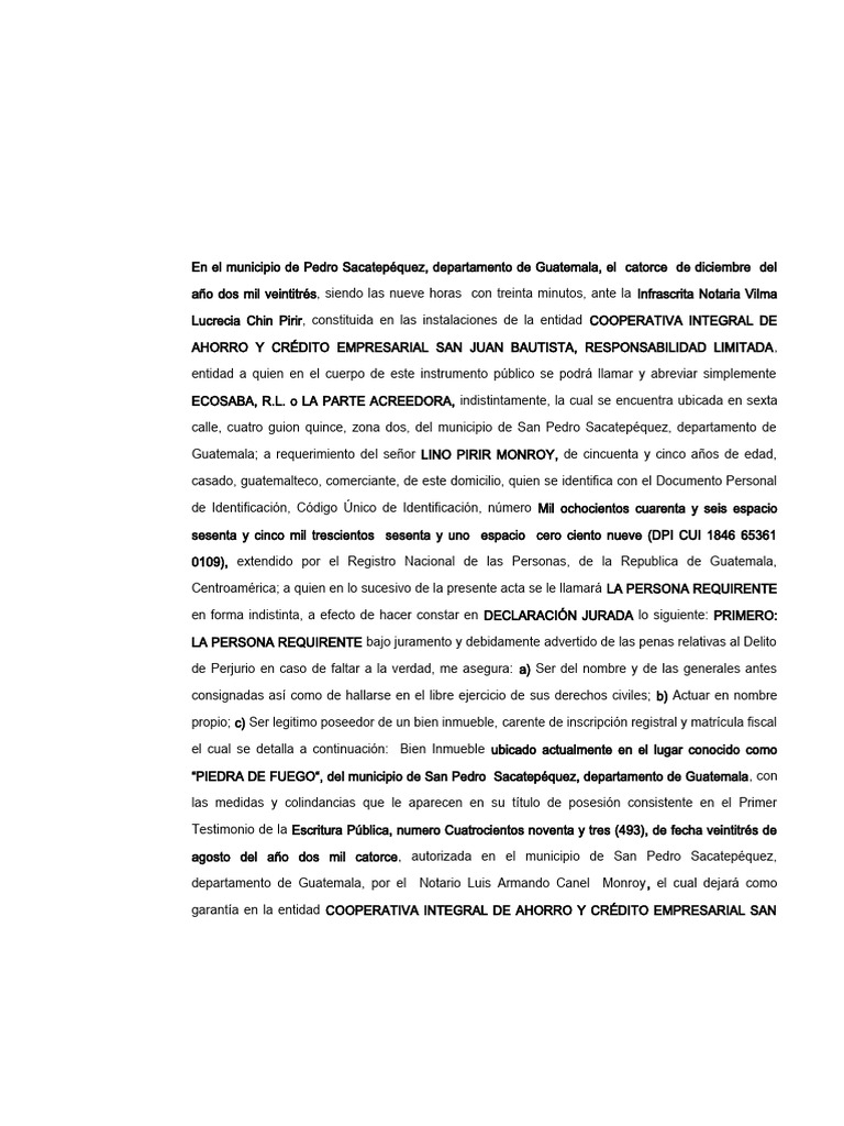 Declaracion Jurada Derechos de Posesion LINO PIRIR MONROY | PDF | Guatemala
