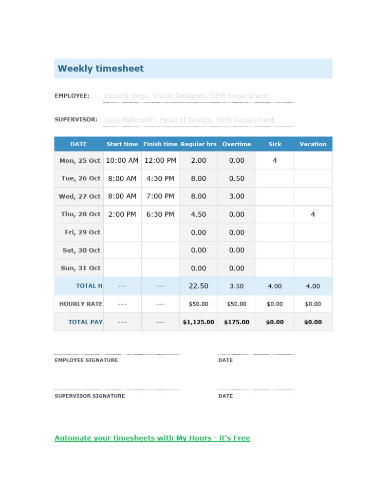 64148069036e353d2c4d1930_Weekly Timesheet Template - My Hours | PDF | Overtime | Computing