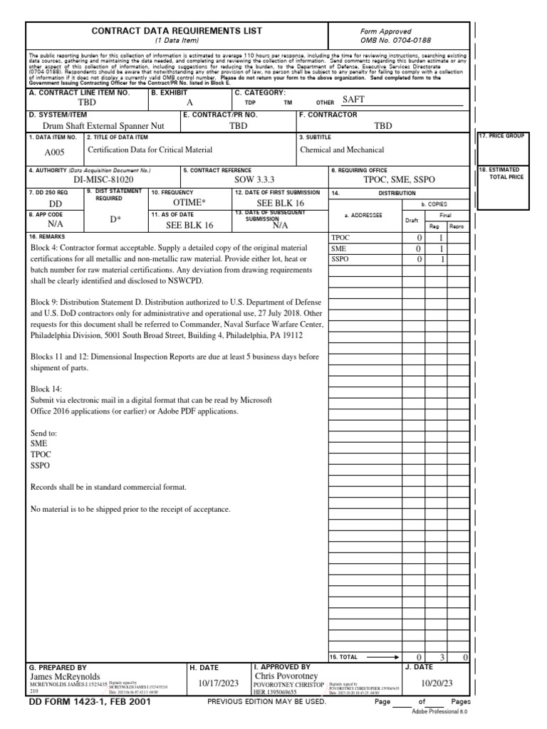 DD Form 1423-1 Contract Data Requirements | PDF | Specification ...