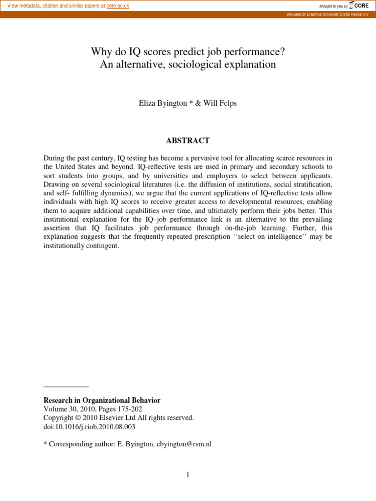 Why Do IQ Scores Predict Job Performance? An Alternative, Sociological ...