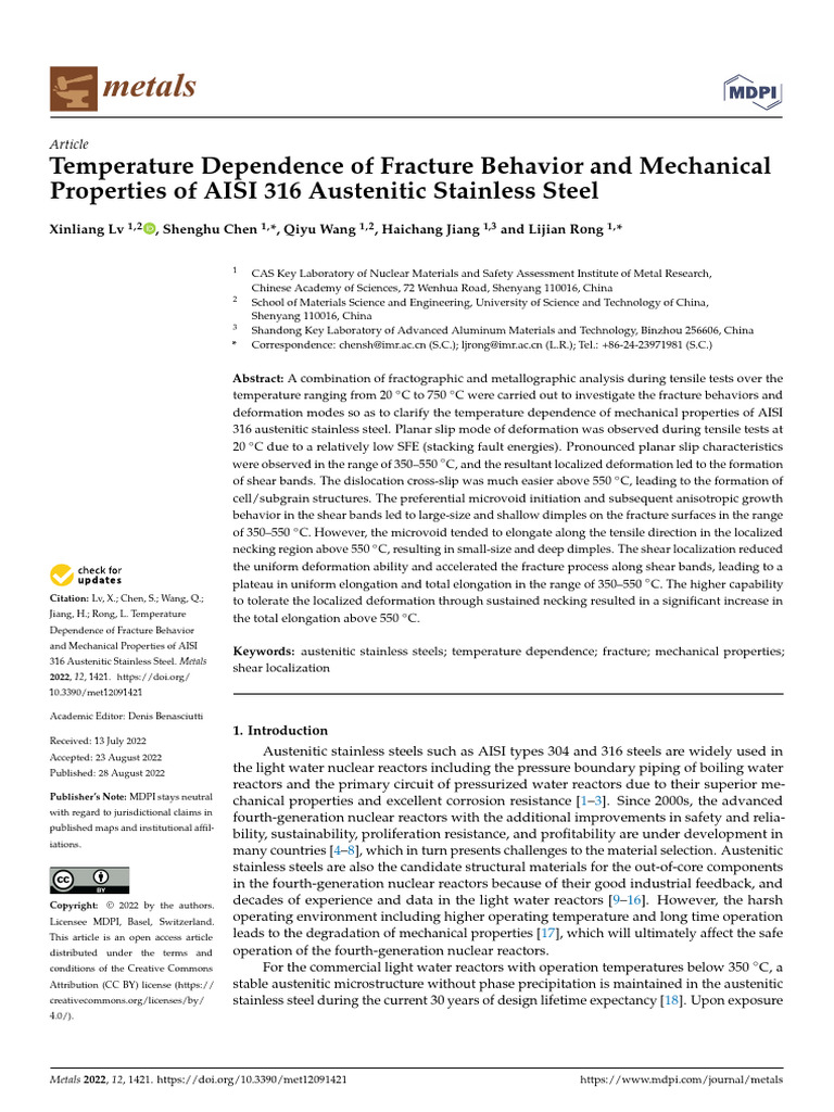 Metals 12 01421 v2 | PDF | Fracture | Stainless Steel