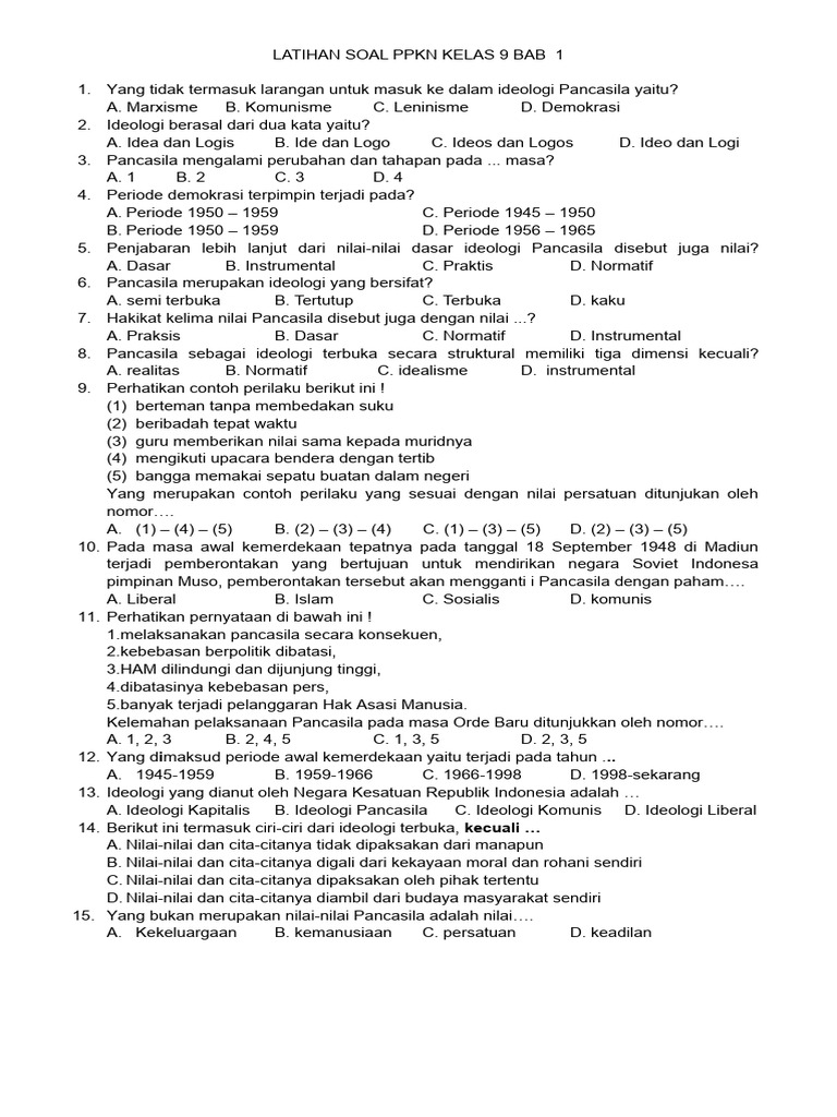 Latihan Soal PPKN Kelas 9 Bab 1 | PDF