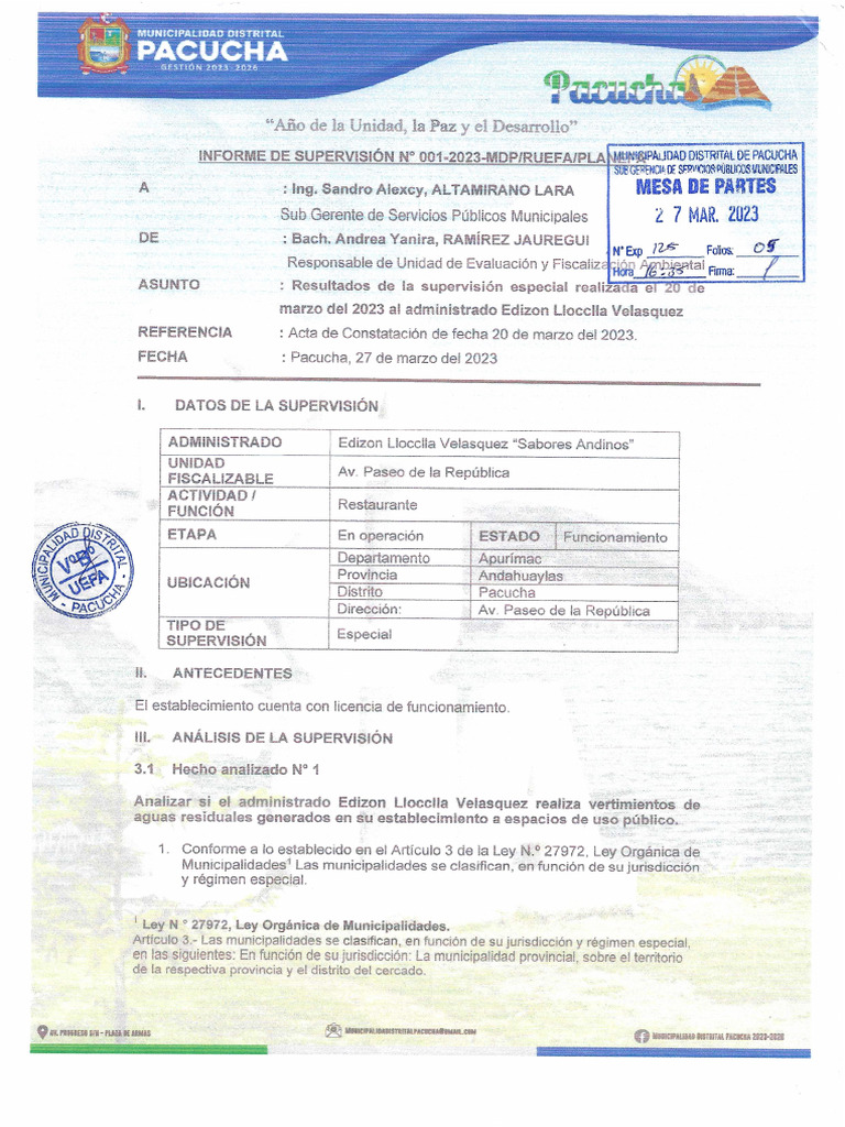 Informe de Supervisión #001-2023-Mdp-Ruefa-Planefa | PDF
