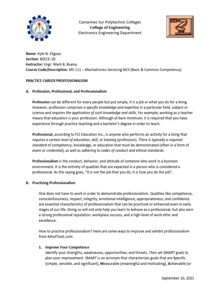Busl Academic Career Professionalism Worksheet | PDF | Goal | Profession