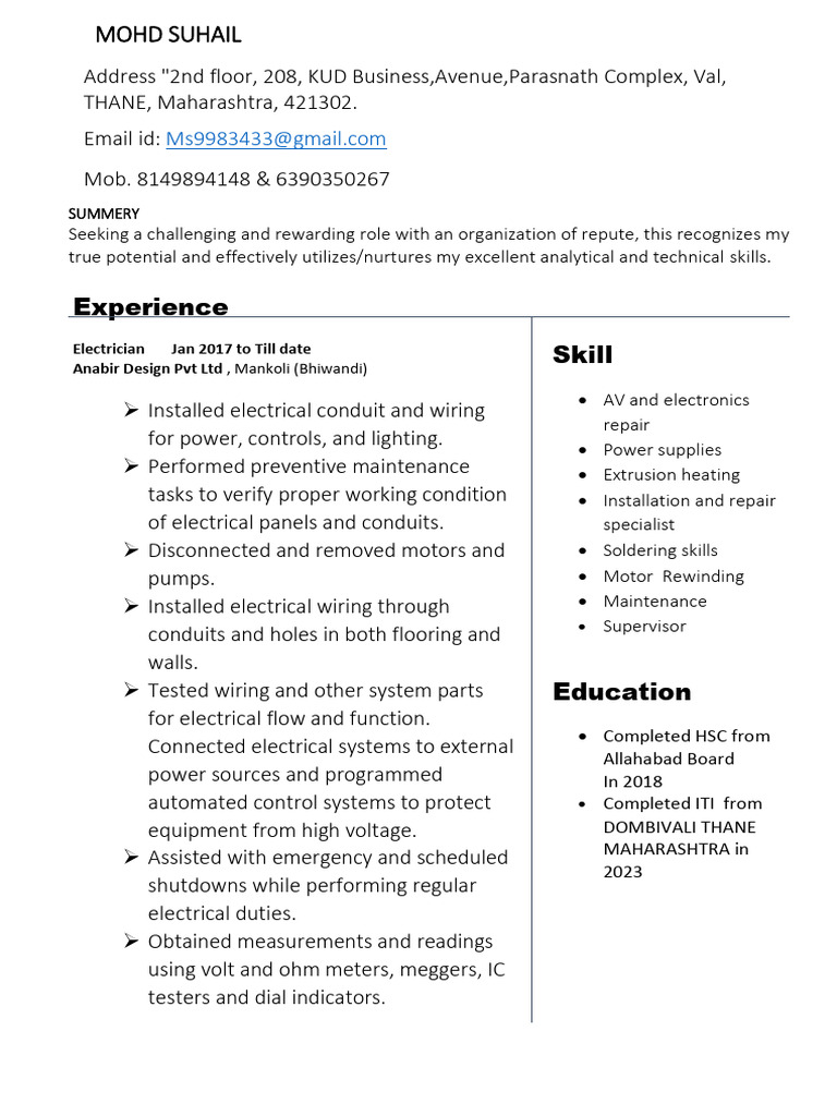 Mohd Suhail Resume | PDF | Electrical Wiring | Instrumentation